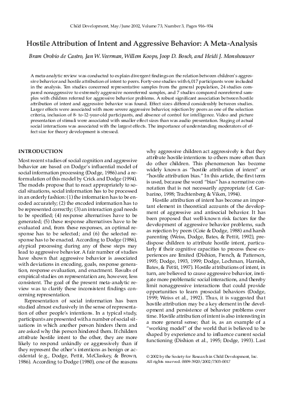 (PDF) Hostile Attribution of Intent and Aggressive Behavior: A Meta ...
