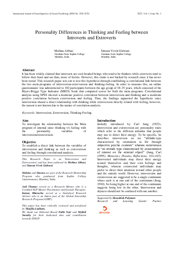 (PDF) Personality Differences in Thinking and Feeling between ...