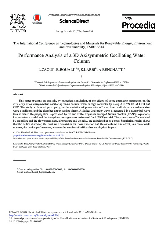 (PDF) Performance Analysis of a 3D Axisymmetric Oscillating Water Column