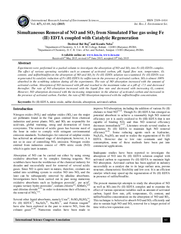 (PDF) Simultaneous removal of NO and SO2 from simulated flue gas using ...