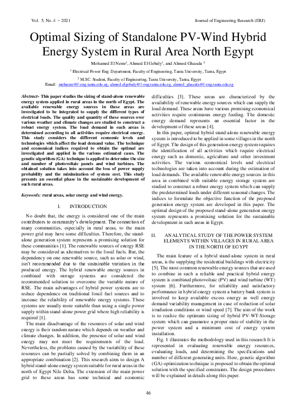 Pdf Optimal Sizing Of Standalone Pv Wind Hybrid Energy System In Rural Area North Egypt 