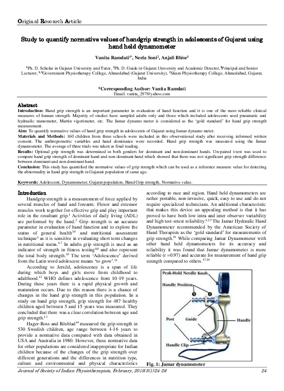 (PDF) Normative Handgrip Strength in Gujarat Adolescents using Jamar