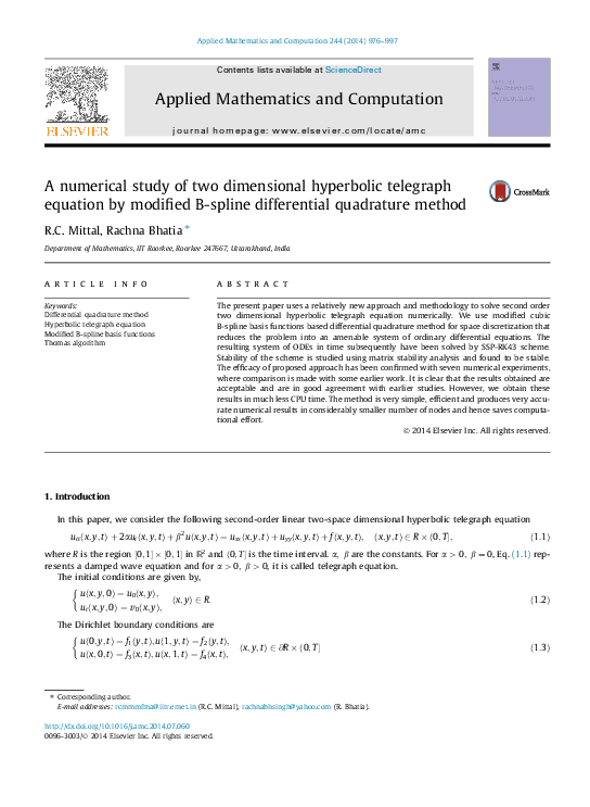 (PDF) A numerical study of two dimensional hyperbolic telegraph equation by modified B-spline ...