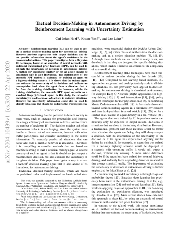 (PDF) Tactical Decision-Making in Autonomous Driving by Reinforcement Learning with Uncertainty ...