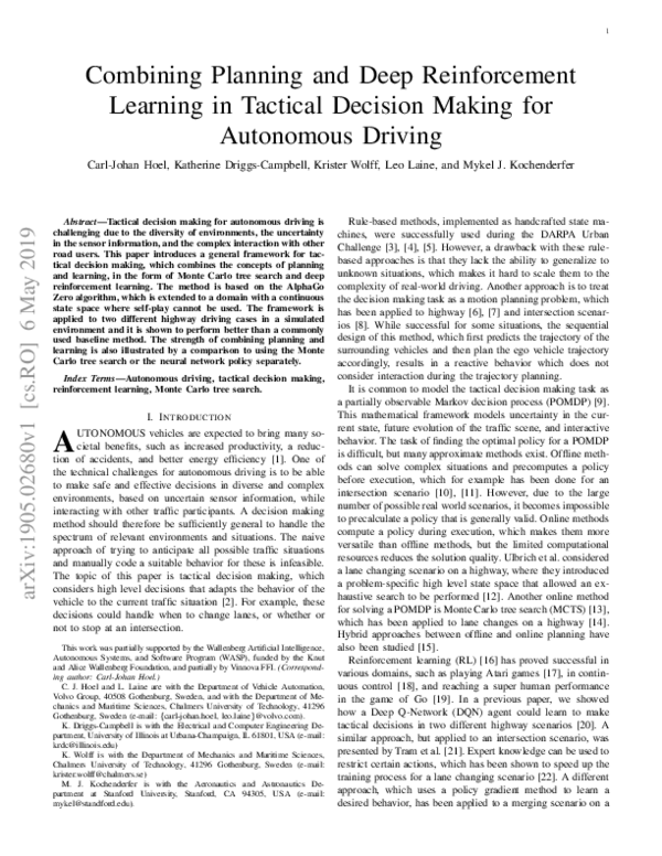 (PDF) Combining Planning and Deep Reinforcement Learning in Tactical Decision Making for ...
