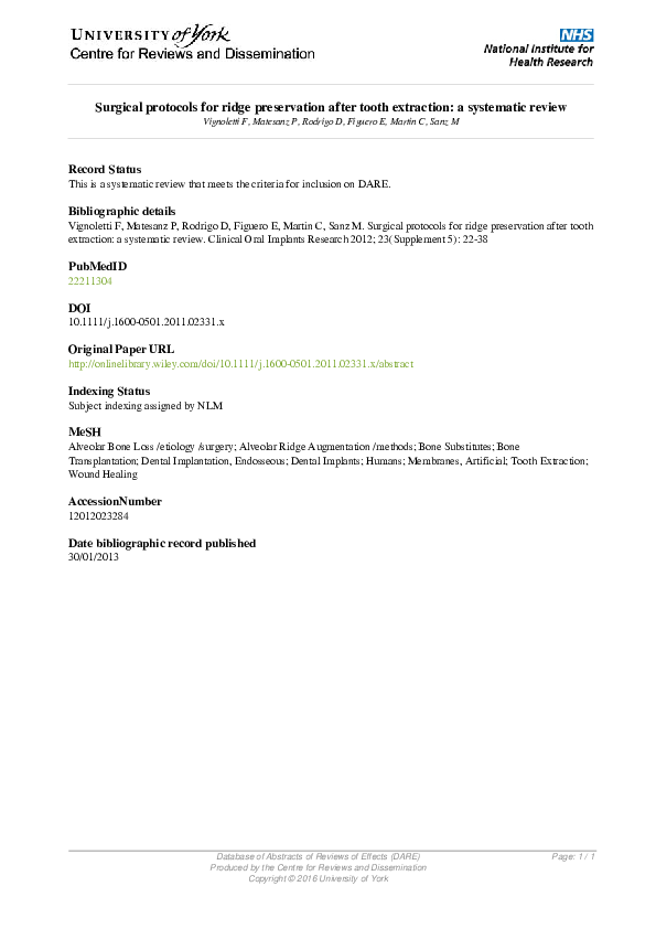 (PDF) Surgical protocols for ridge preservation after tooth extraction. A systematic review