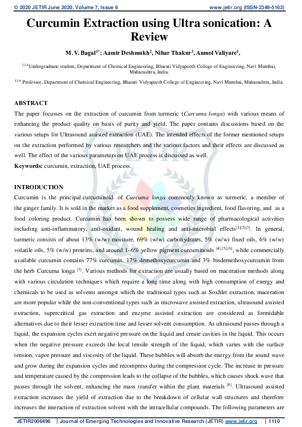 (PDF) Curcumin Extraction using Ultra sonication: A Review