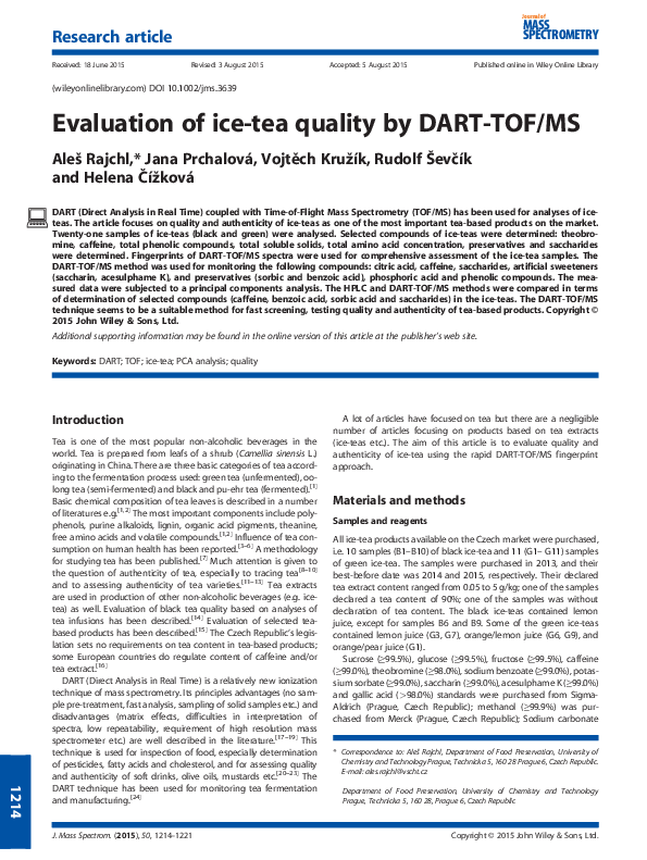 (PDF) Evaluation of ice-tea quality by DART-TOF/MS