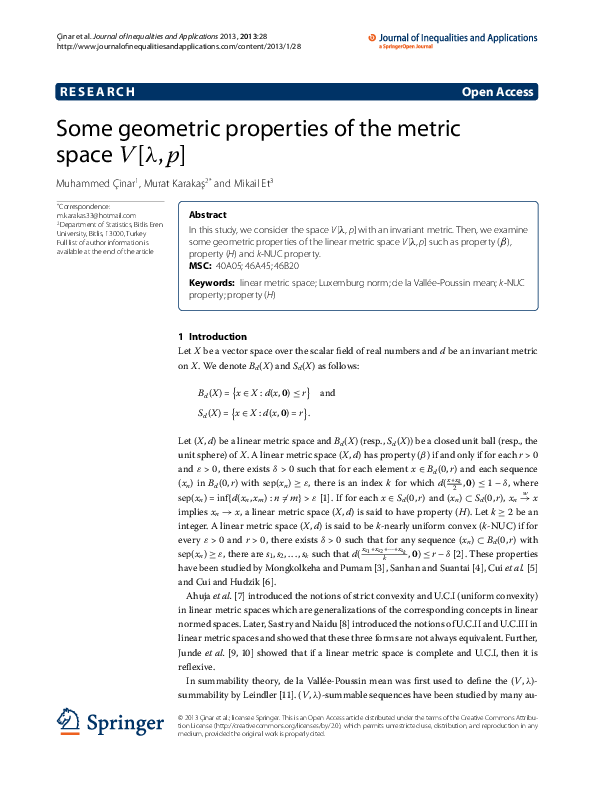(PDF) Some geometric properties of the metric space V[λ,p]