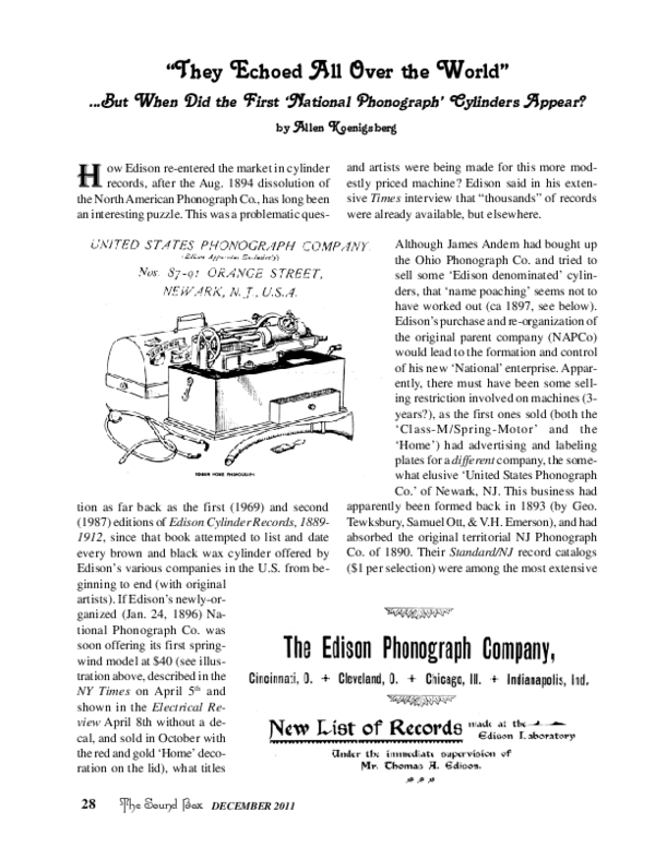 (PDF) Edison Goes "National" (1896-1897): His Records 'Echo All Over ...