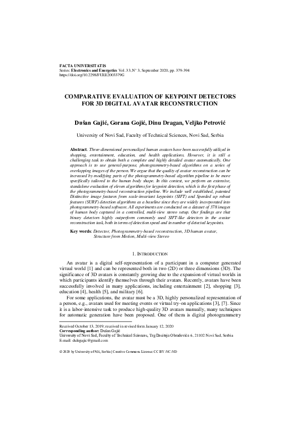 Pdf Comparative Evaluation Of Keypoint Detectors For 3d Digital Avatar Reconstruction Veljko