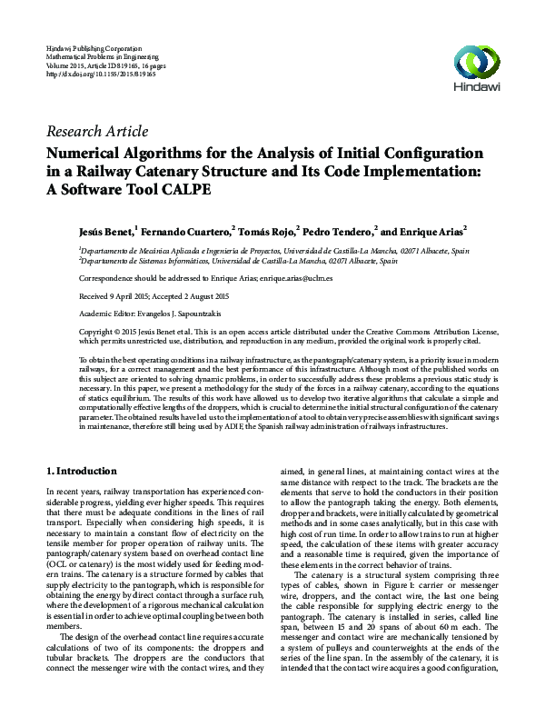Pdf Numerical Algorithms For The Analysis Of Initial Configuration In A Railway Catenary 6106