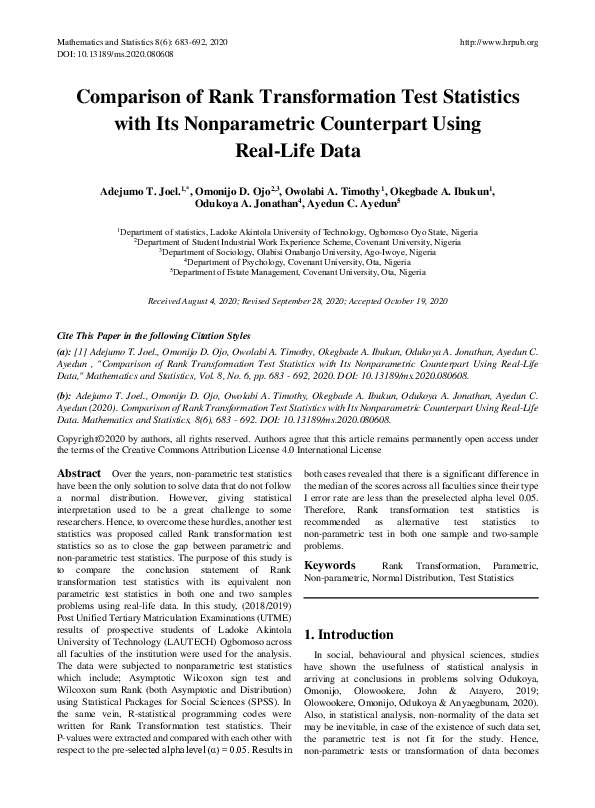 (PDF) Comparison of Rank Transformation Test Statistics with Its ...