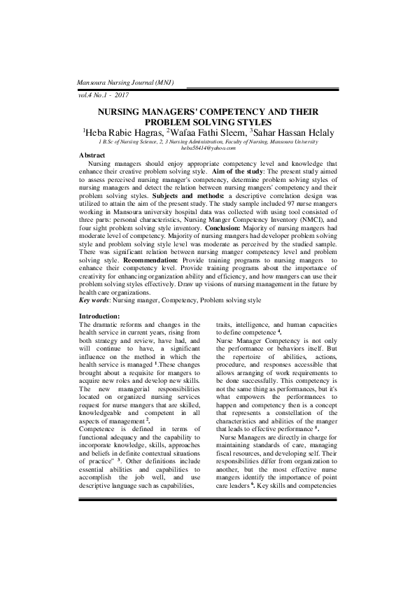 (PDF) Nursing Managers' Competency and Their Problem Solving Styles | wafaa sleem - Academia.edu