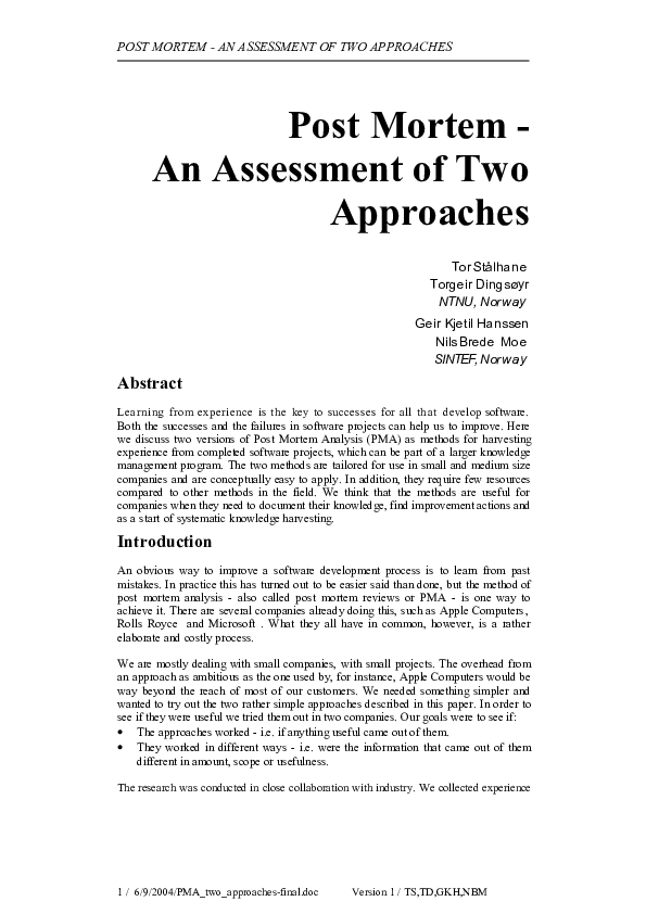 (PDF) Post Mortem – An Assessment of Two Approaches