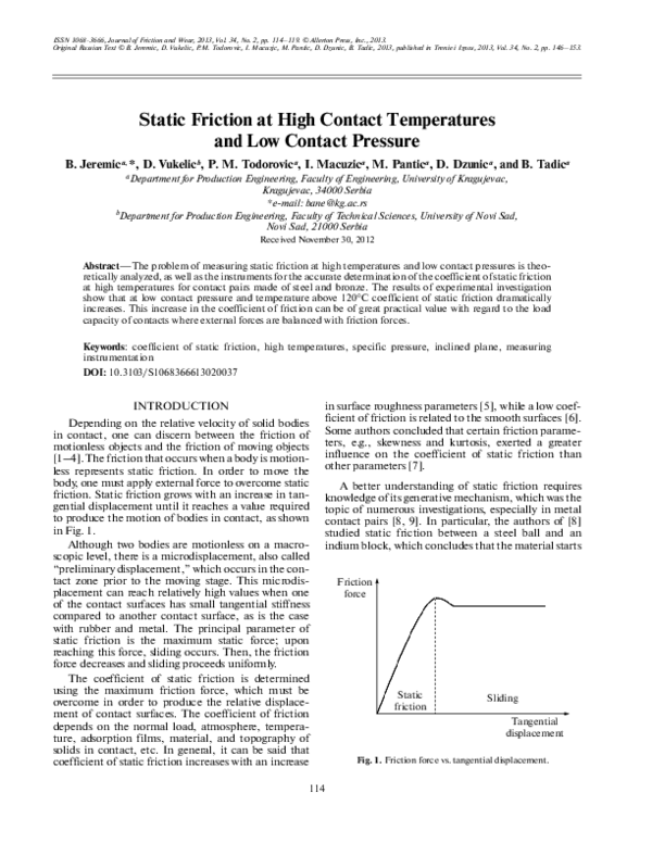 (PDF) Static friction at high contact temperatures and low contact pressure