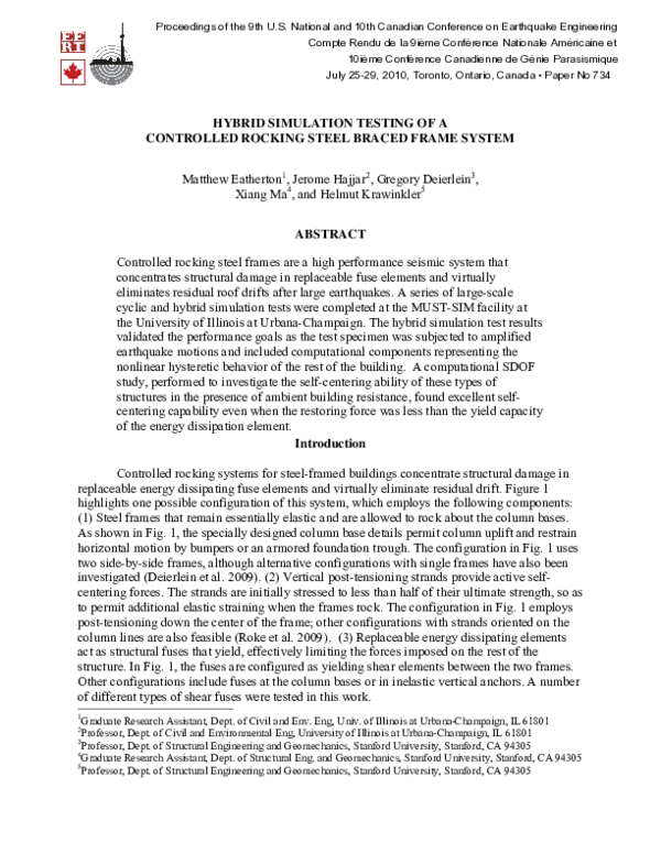 Pdf Hybrid Simulation Testing Of A Controlled Rocking Steel Braced Frame System