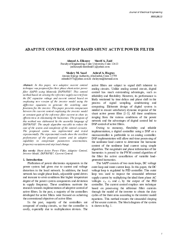 Pdf Adaptive Control Of Dsp Based Shunt Active Power Filter