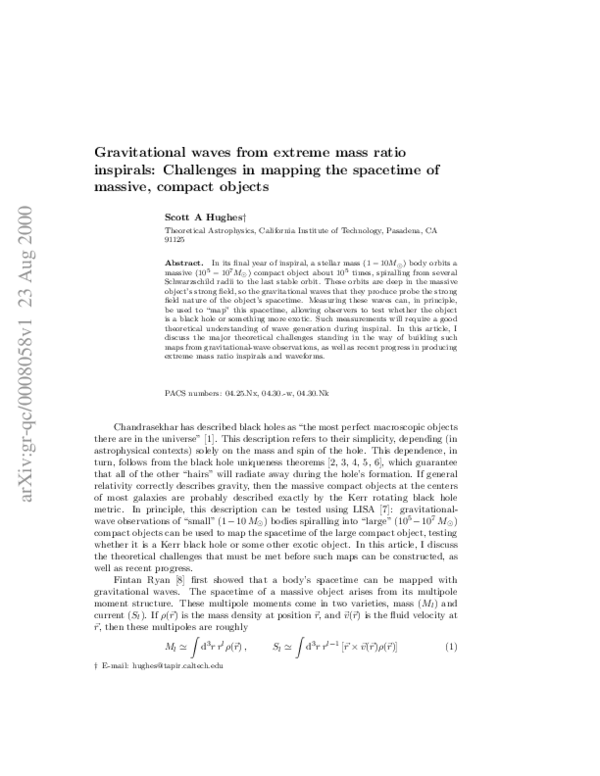 Pdf Gravitational Waves From Extreme Mass Ratio Inspirals Challenges In Mapping The Spacetime