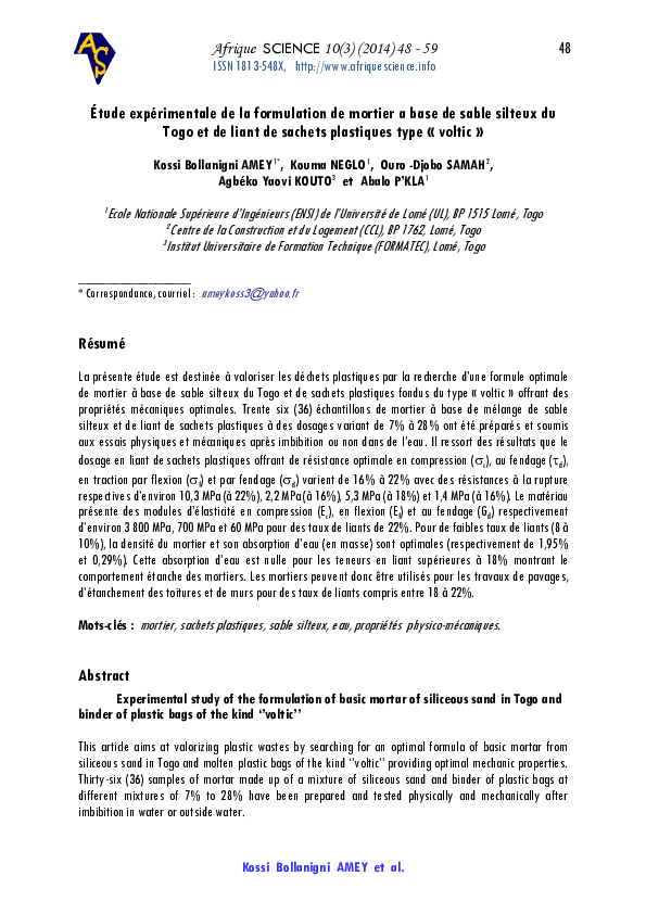 (PDF) Etude expérimentale de la formulation de mortier à base de sable ...