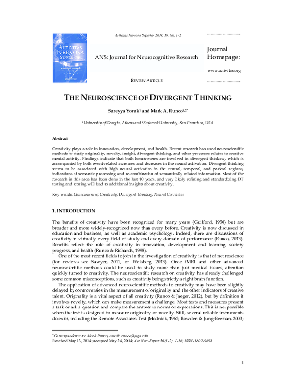 (PDF) The Neuroscience of Divergent Thinking