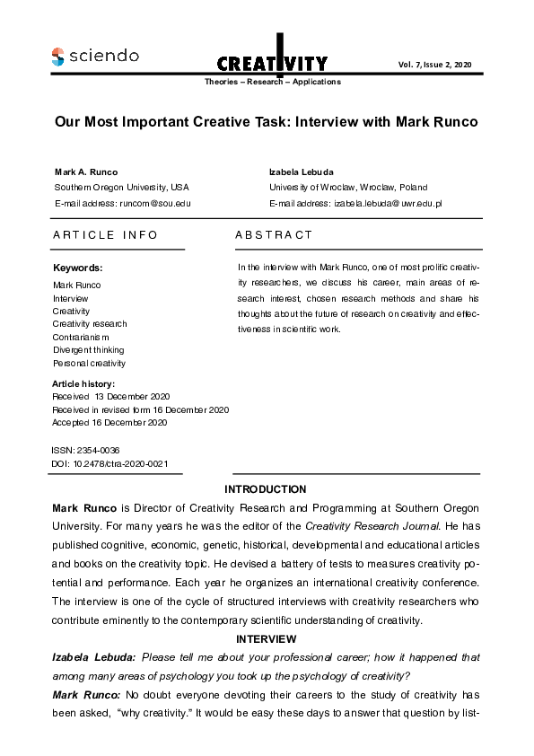 (PDF) Our Most Important Creative Task: Interview with Mark Runco | mark runco - Academia.edu