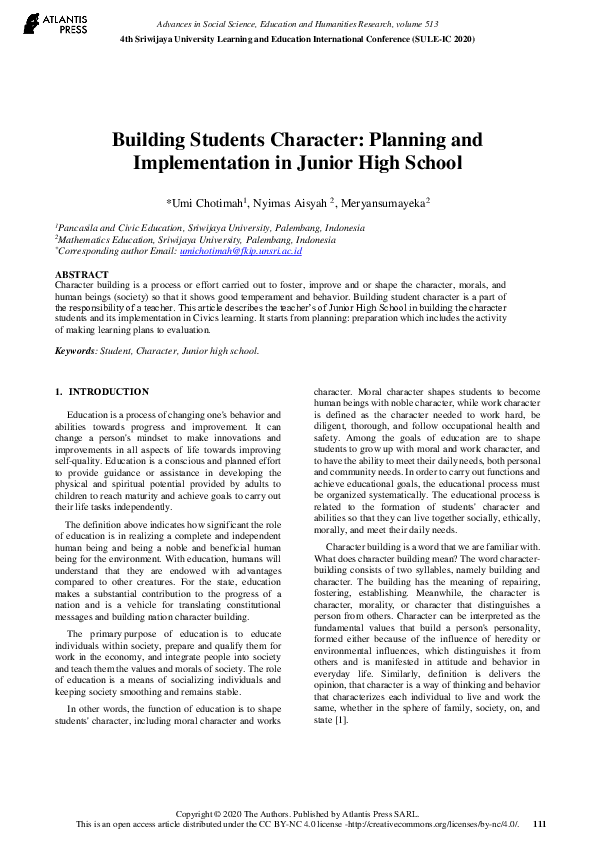 (PDF) Building Students Character: Planning and Implementation in ...