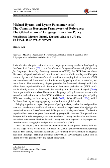 (PDF) Michael Byram and Lynne Parmenter (eds.): The Common European ...