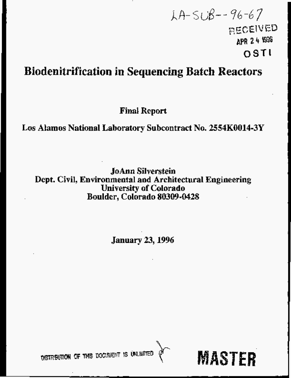 (PDF) Biodenitrification in Sequencing Batch Reactors. Final report