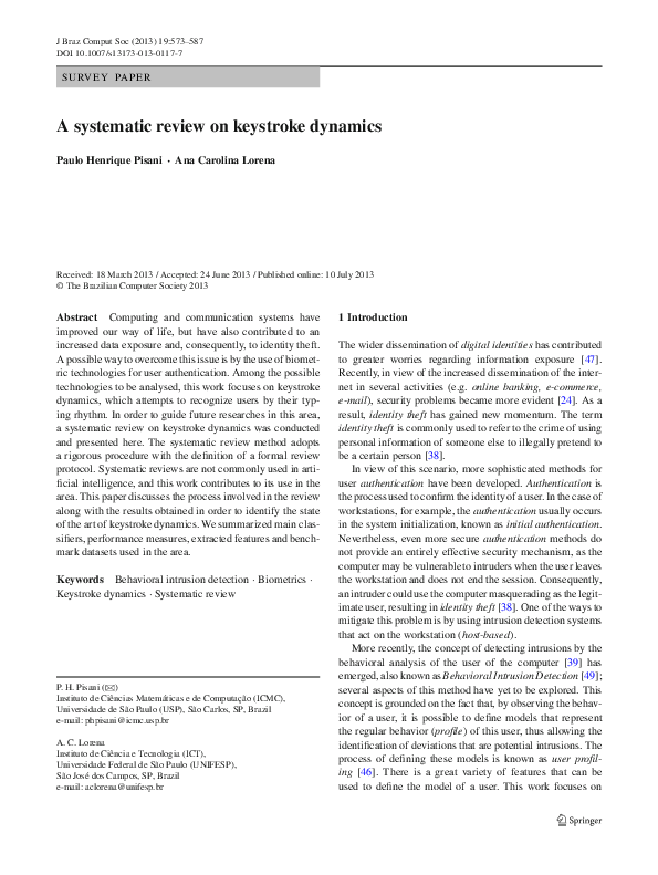 (PDF) A systematic review on keystroke dynamics