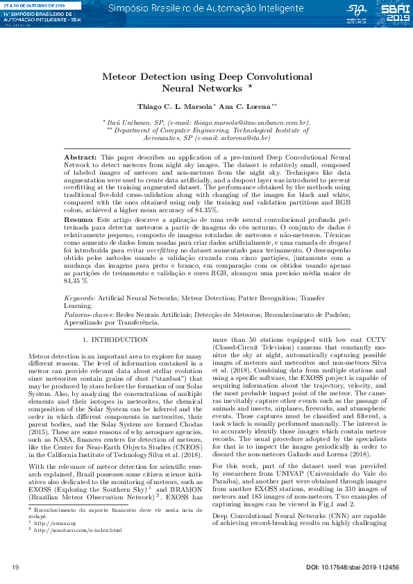 Pdf Meteor Detection Using Deep Convolutional Neural Networks