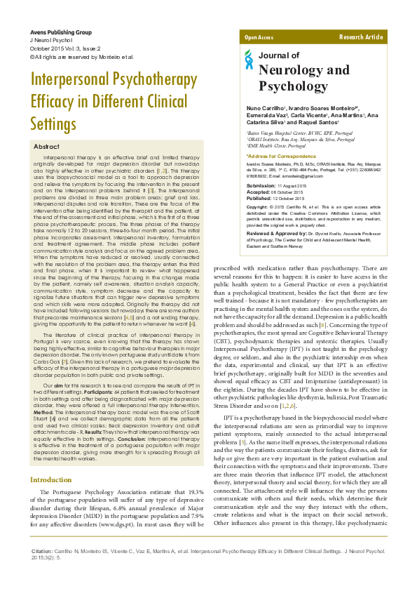 (PDF) Interpersonal Psychotherapy Efficacy in Different Clinical Settings