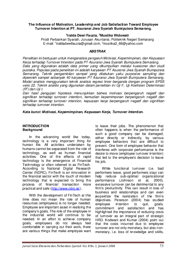 (PDF) The Influence of Motivation, Leadership and Job Satisfaction Toward Employee Turnover ...