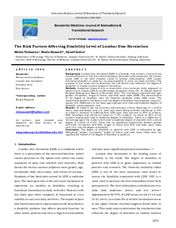 (PDF) The Risk Factors Affecting Disability Level of Lumbar Disc Herniation