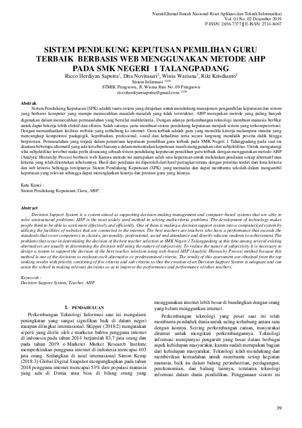 (PDF) Sistem Pendukung Keputusan Pemilihan Guru Terbaik Berbasis Web Menggunakan Metode Ahp Pada ...