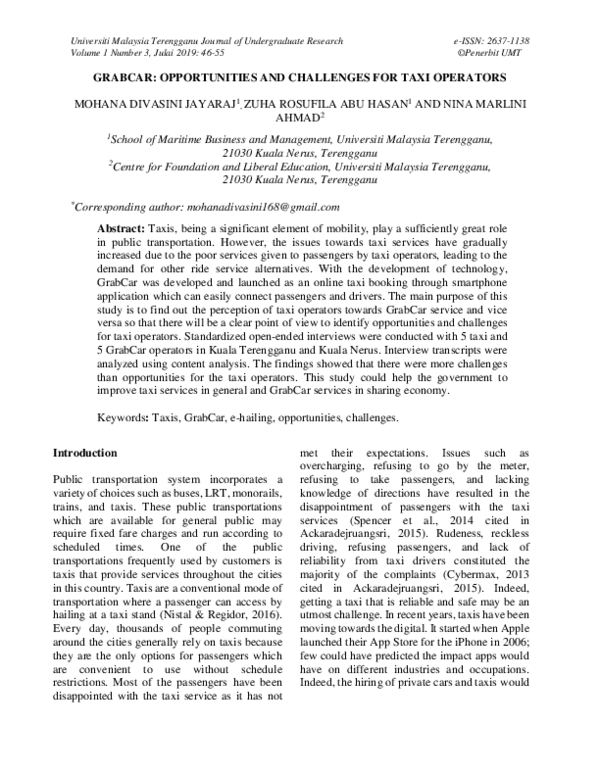 (PDF) GrabCar: Opportunities and Challenges for Taxi Operators