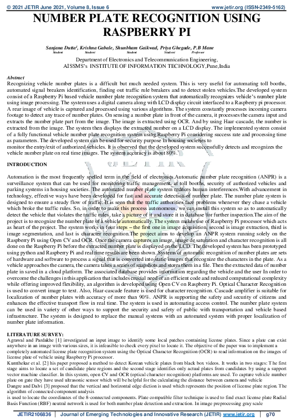 (PDF) Number Plate Recognition Using Raspberry Pi