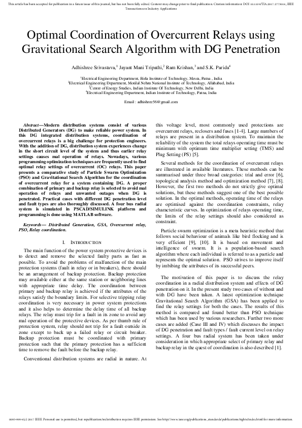 Pdf Optimal Coordination Of Overcurrent Relays Using Gravitational Search Algorithm With Dg