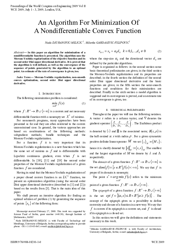 (PDF) An Algorithm For Minimization Of A Nondifferentiable Convex Function
