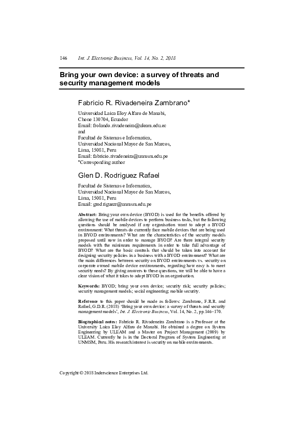 Pdf Bring Your Own Device A Survey Of Threats And Security