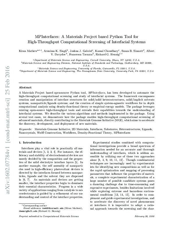 Pdf Mpinterfaces A Materials Project Based Python Tool For High 9703