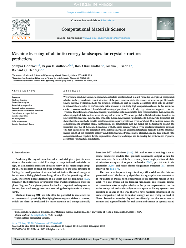 (PDF) Machine learning of ab-initio energy landscapes for crystal structure predictions