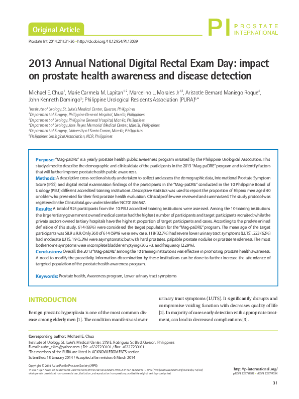 (PDF) 2013 Annual National Digital Rectal Exam Day: impact on prostate ...