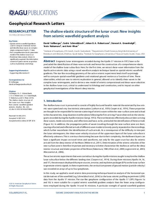 Pdf The Shallow Elastic Structure Of The Lunar Crust New Insights From Seismic Wavefield