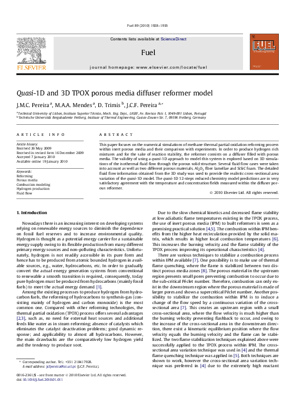 (PDF) Quasi-1D and 3D TPOX porous media diffuser reformer model