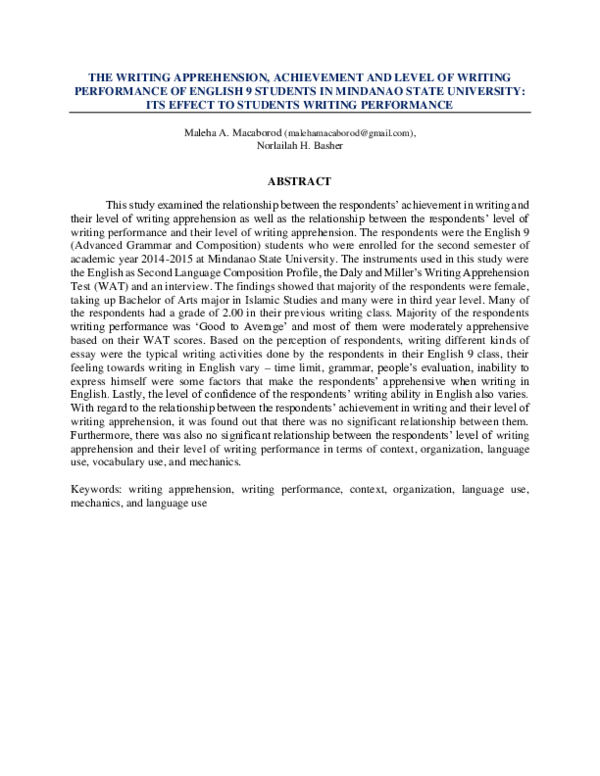 (PDF) THE WRITING APPREHENSION, ACHIEVEMENT AND LEVEL OF WRITING ...