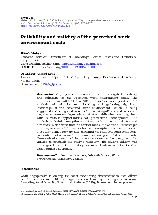 (PDF) Reliability and validity of the perceived work environment scale