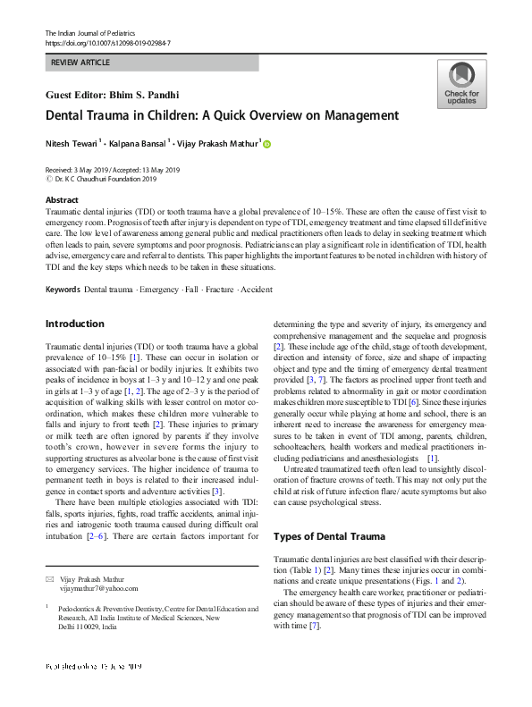 (PDF) Dental Trauma in Children: A Quick Overview on Management