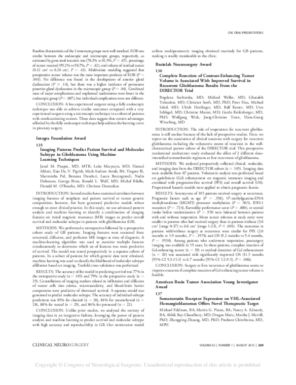 (PDF) 135 Imaging Patterns Predict Patient Survival and Molecular Subtype in Glioblastoma Using ...