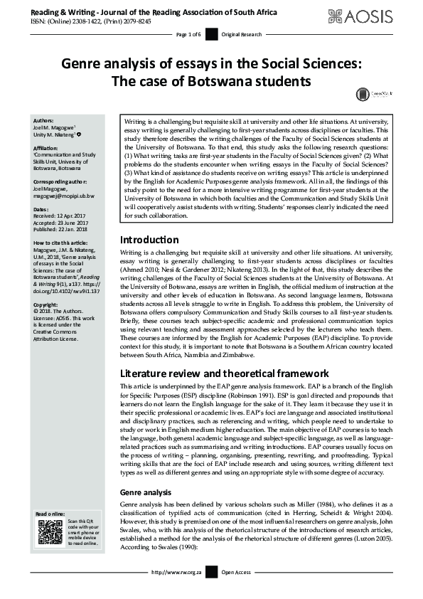 (PDF) Genre analysis of essays in the Social Sciences: The case of ...